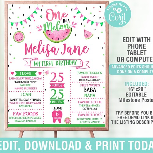 Editable Watermelon Milestone Birthday Poster Pink Watermelon - Etsy