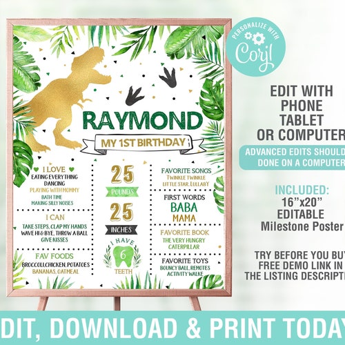 Dinosaur Milestone Birthday Poster EDITABLE Dinosaur First - Etsy