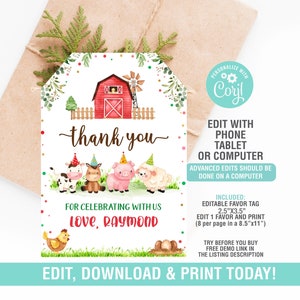 Farm Animal Party Tags EDITABLE, Barnyard Party Favor Tags, Red ...