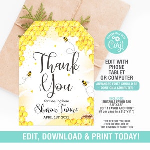 Bee Favor Tags Thank You Favor, BEE Baby Shower EDITABLE, Thank You ...