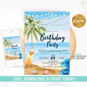Beach Birthday Party Invitation, Summer Ocean Party Template Surf up ...