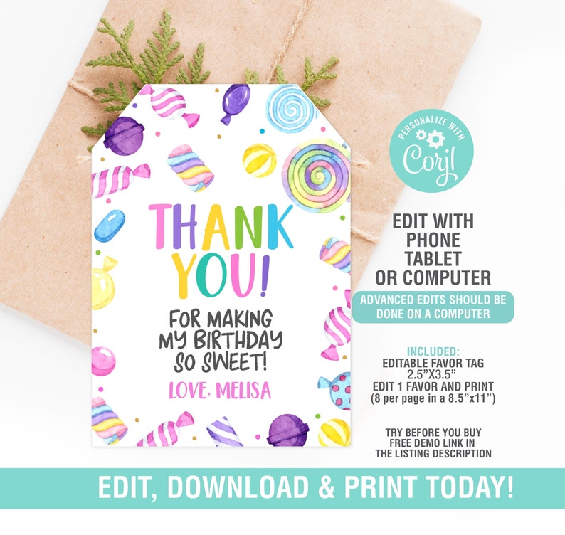 Candy Party Tags EDITABLE Candy Land Party Favor Tags Sweet - Etsy