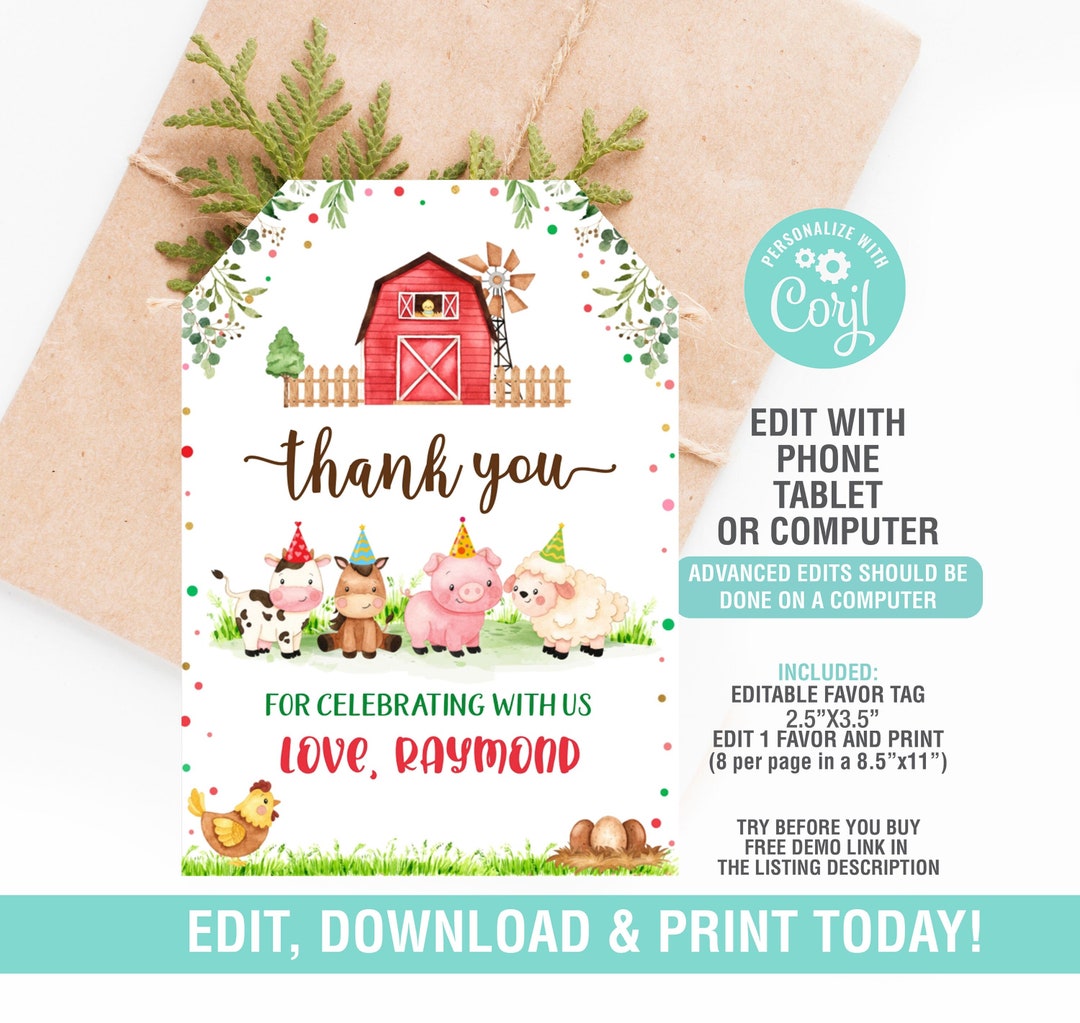 Farm Animal Party Tags EDITABLE, Barnyard Party Favor Tags, Red ...