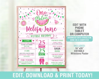 Editable Watermelon Milestone Birthday Poster Pink Watermelon First ...