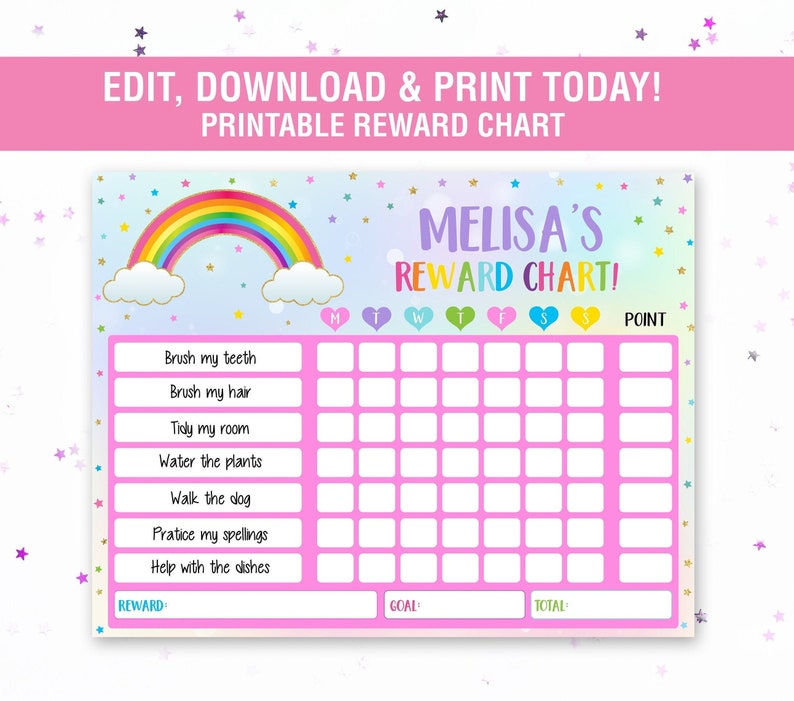 Rainbow Reward Chart Editable Kids Chore Chart Rainbow | Etsy