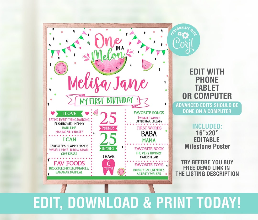 Editable Watermelon Milestone Birthday Poster Pink Watermelon First ...