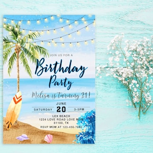 Beach Birthday Party Invitation, Summer Ocean Party Template Surf up ...