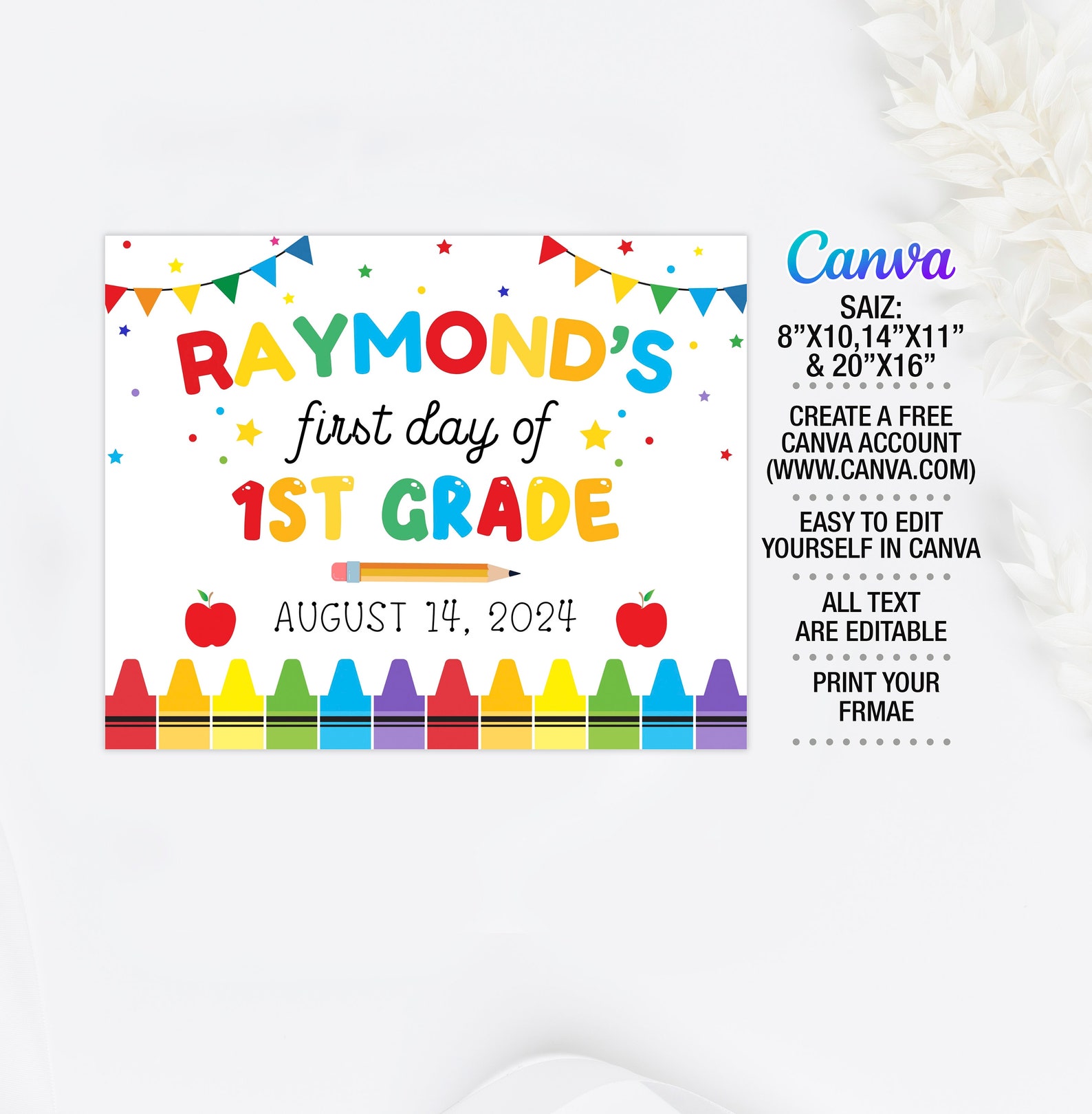 First Day of First Grade Sign Editable, First Day of School 2024 Sign ...