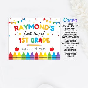 First Day of First Grade Sign Editable, First Day of School 2024 Sign ...