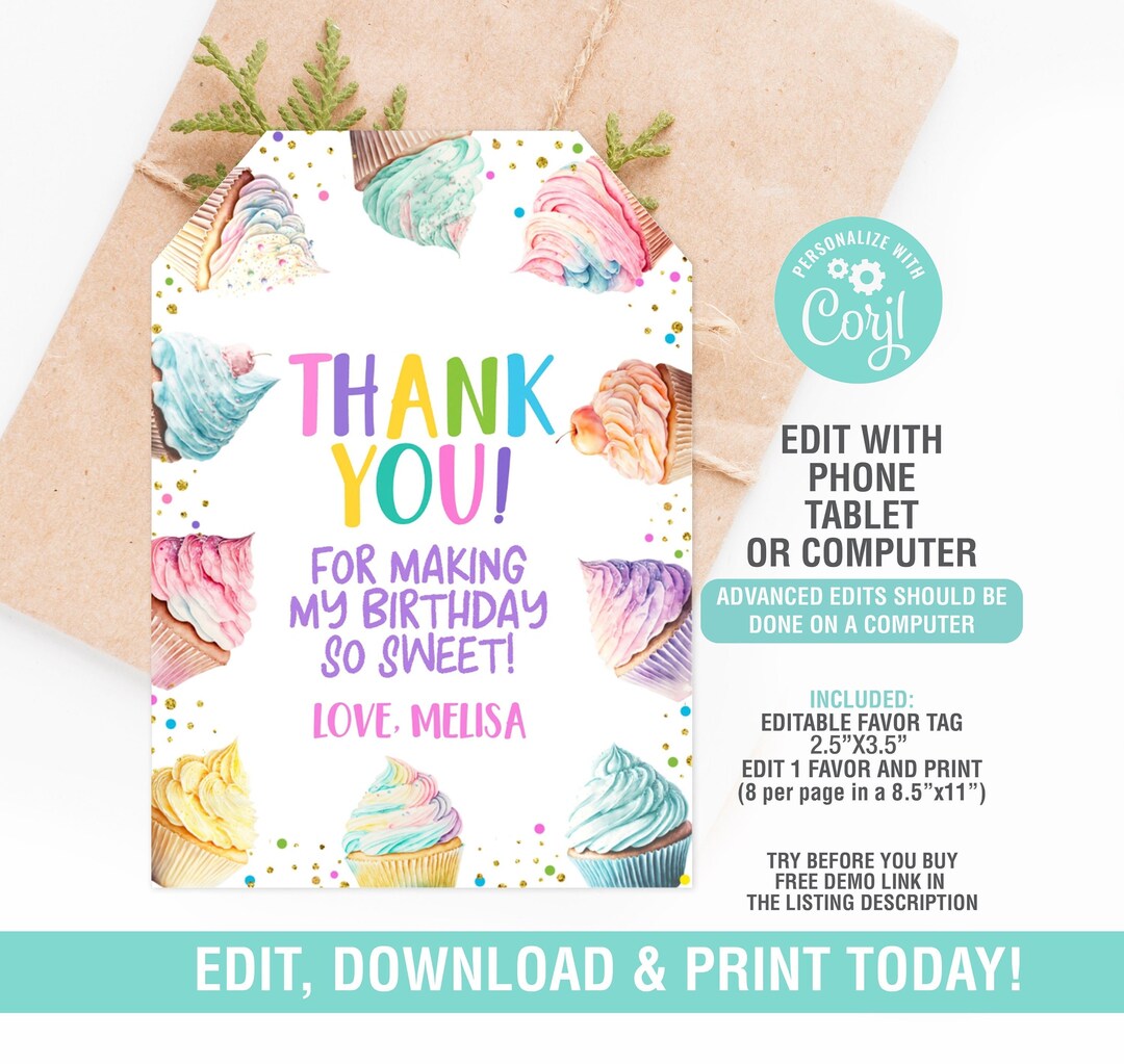 Cupcake Favor Tag, Cupcake Party Tags, Cupcake Thank You Tag, Sweet ...