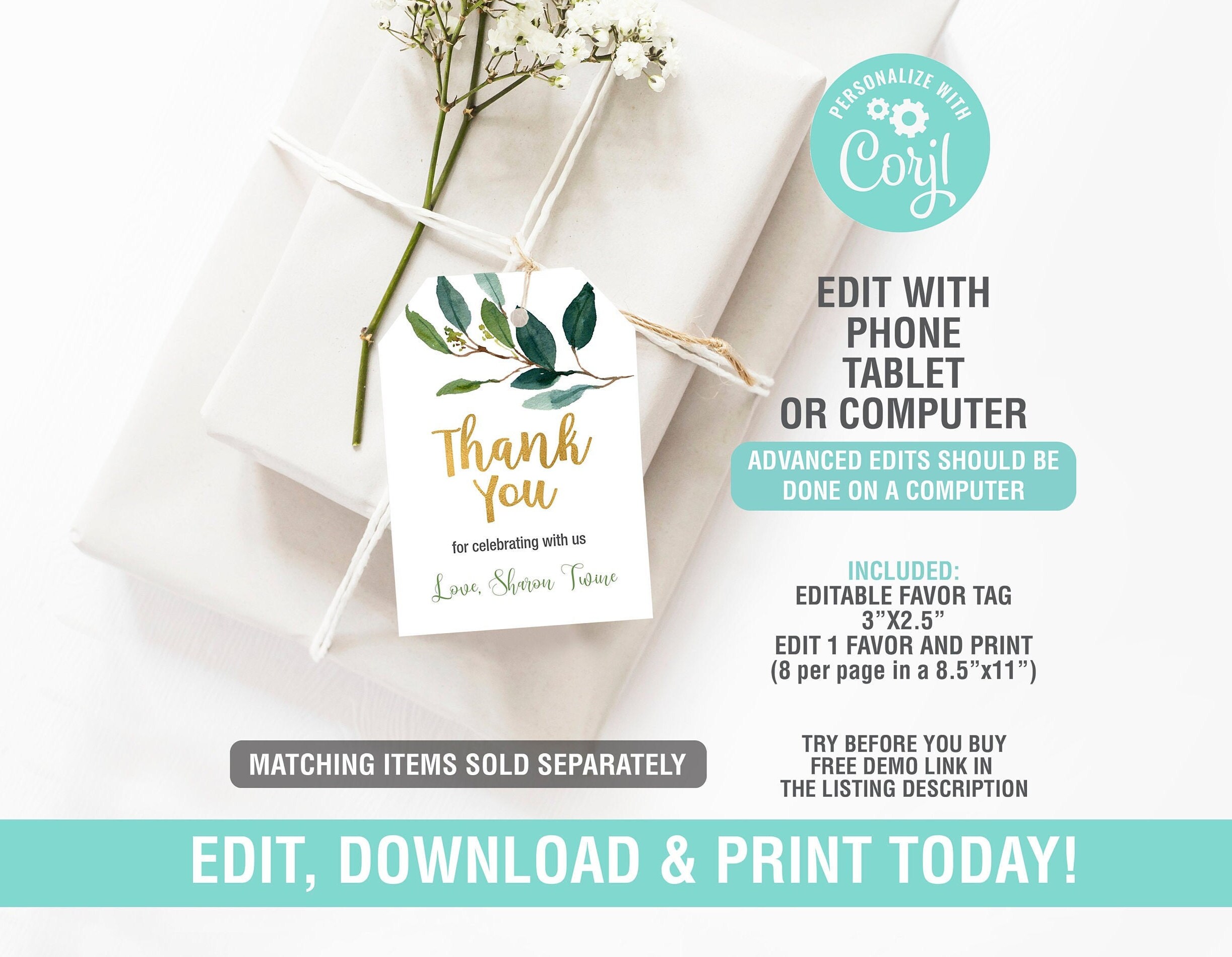 Greenery Favor TagThank You Tag EDITABLE Favor Tag | Etsy