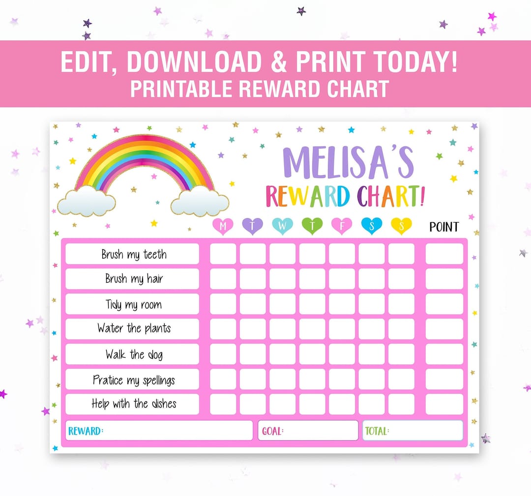 EDITABLE Rainbow Reward Chart,girls Chore Chart Routine Printable Chart ...