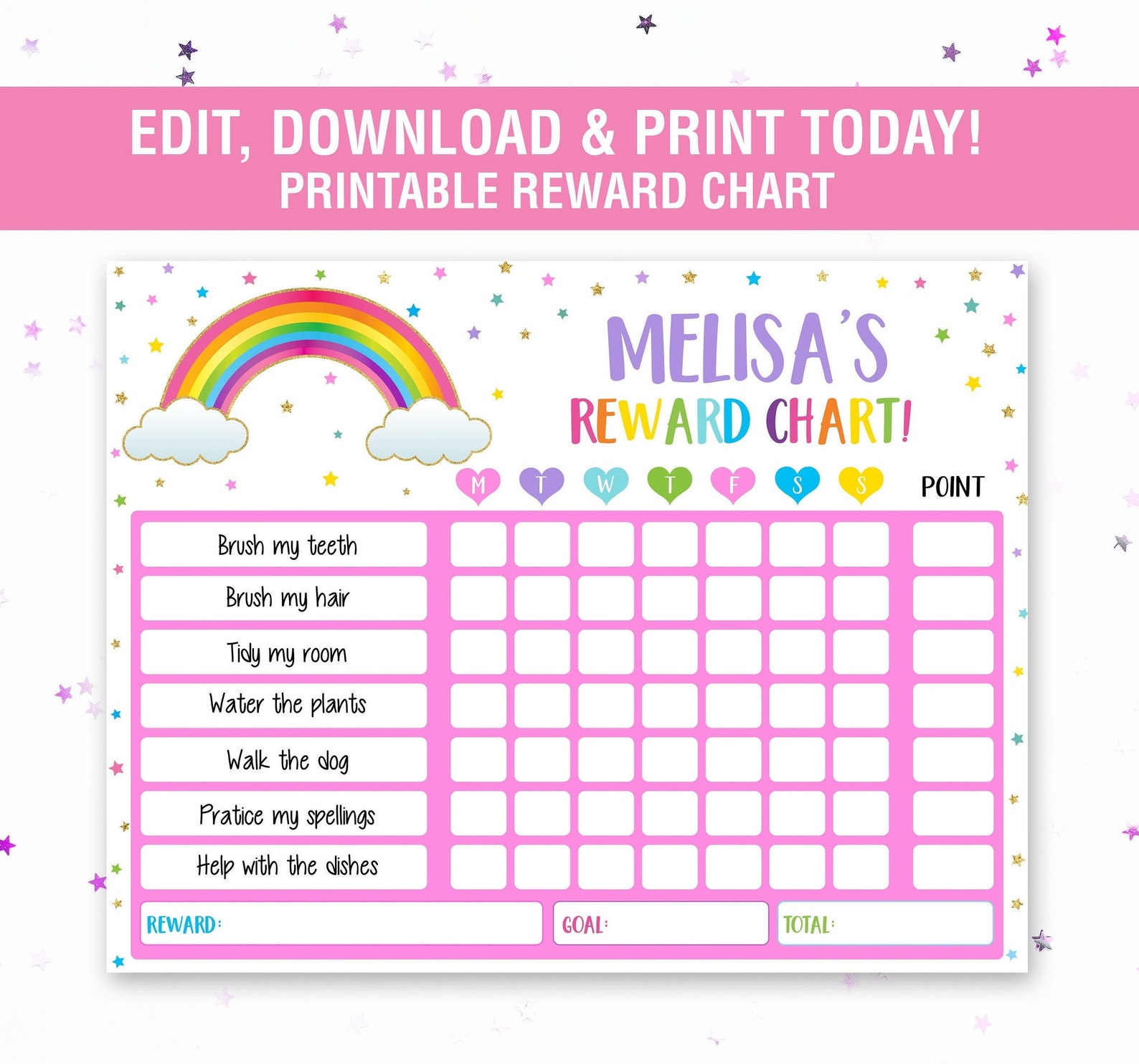EDITABLE Rainbow Reward Chart,girls Chore Chart Routine Printable Chart ...