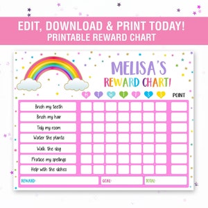 EDITABLE Rainbow Reward Chart,girls Chore Chart Routine Printable Chart ...