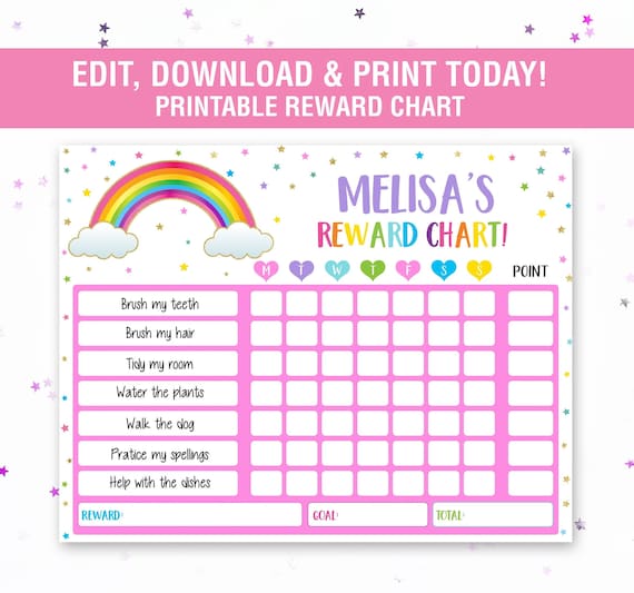 EDITABLE Rainbow Reward Chart,Girls Chore Chart Routine Printable Chart ...