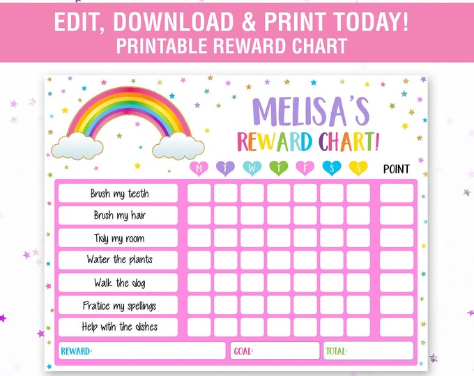 Editable Girl Rainbow Reward Chart for Kids, Rainbow Routine Chart ...
