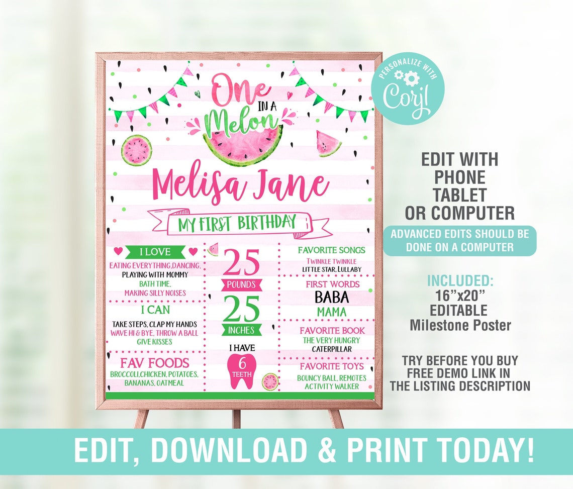 Editable Watermelon Milestone Birthday Poster Pink Watermelon - Etsy
