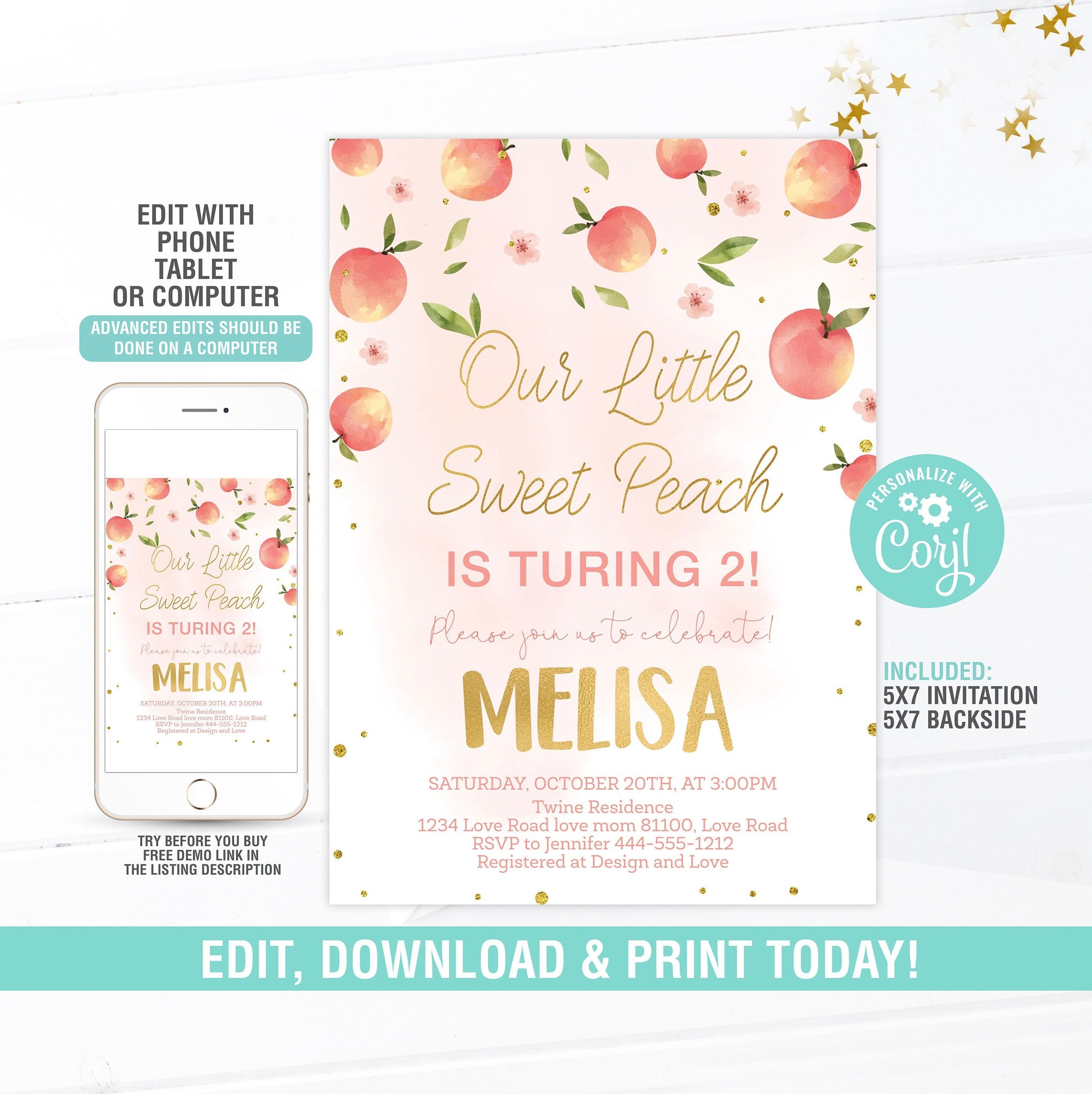 Peach First Birthday Party Invitation Editable,sweet as A Peach ...