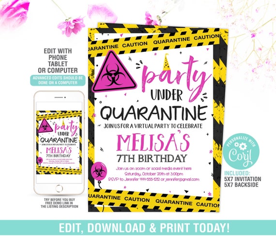 Quarantine Birthday Invitation EDITABLE, Quarantine Invite,Zoom Virtual ...