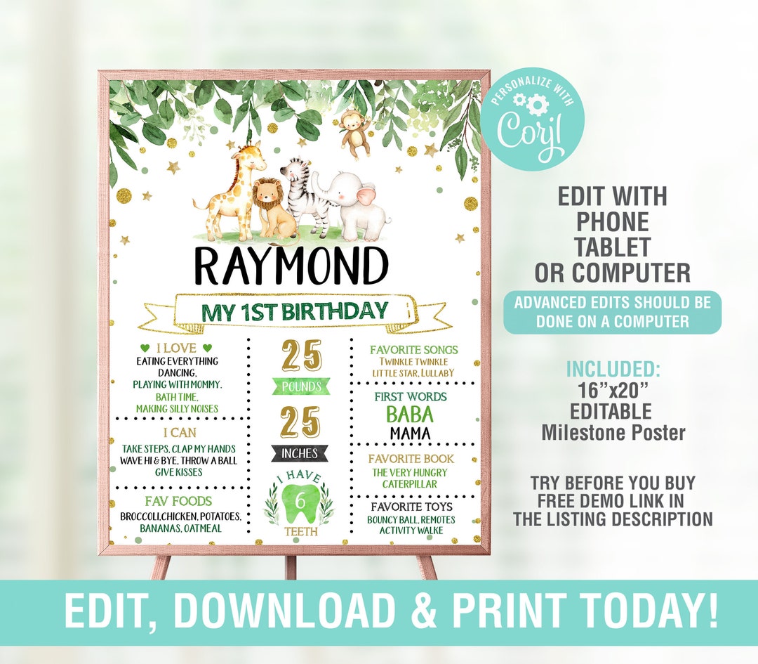 Safari Milestone Birthday Poster EDITABLE, First Birthday Chalkboard ...