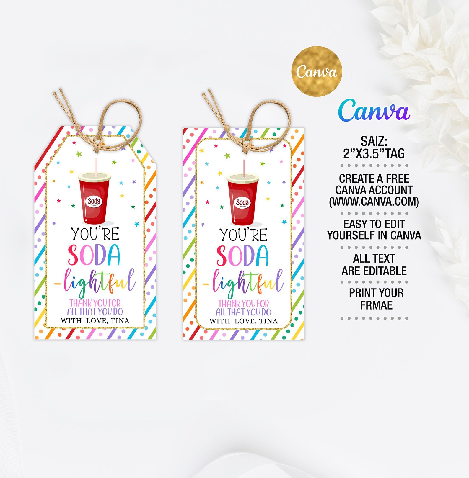 Teacher Appreciation Tag Editable, Soda-lighted Gift Tag Template ...
