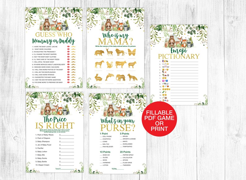 Woodland Baby Shower Game Bundle Virtual Baby Shower Game | Etsy