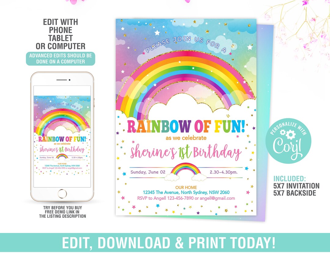 Rainbow Birthday Invitation,rainbow Invitations,rainbow Party Invite ...