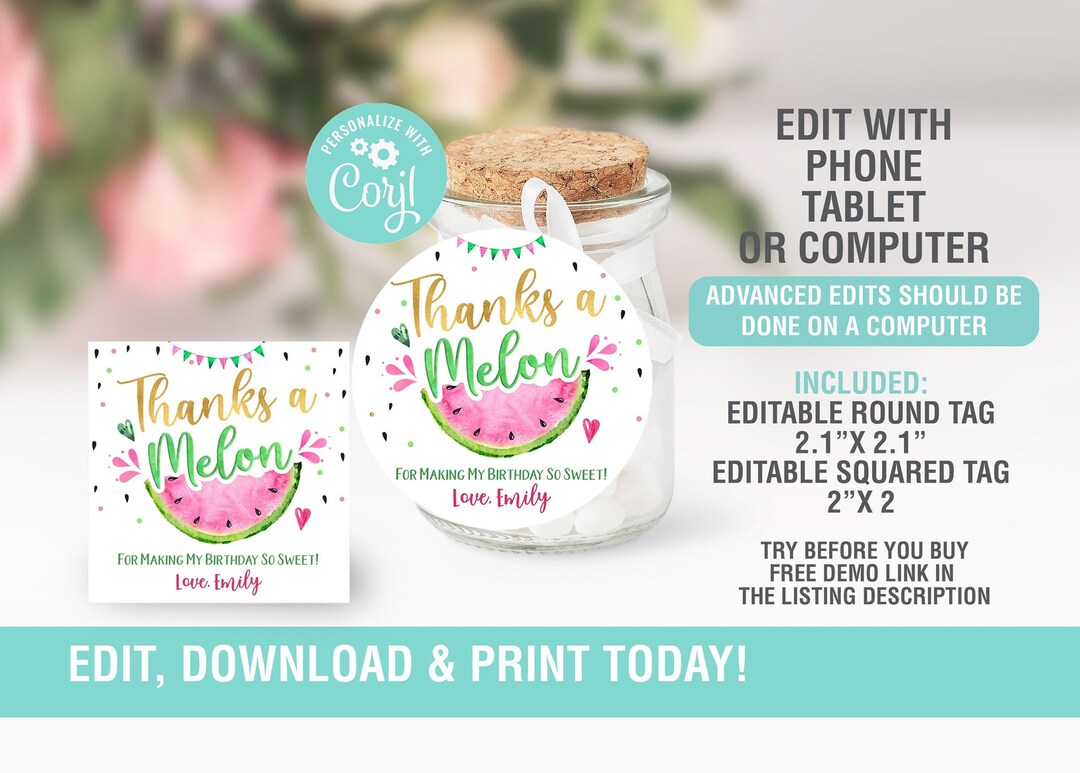 Watermelon Favor Tag EDITABLE, One in a Melon Thank You Tag, Watermelon ...