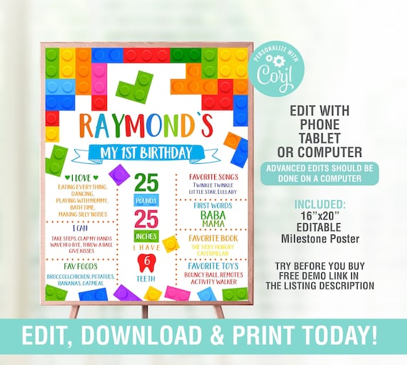 Building Blocks Milestone, Brick Birthday sign, Building Blocks Poster ...