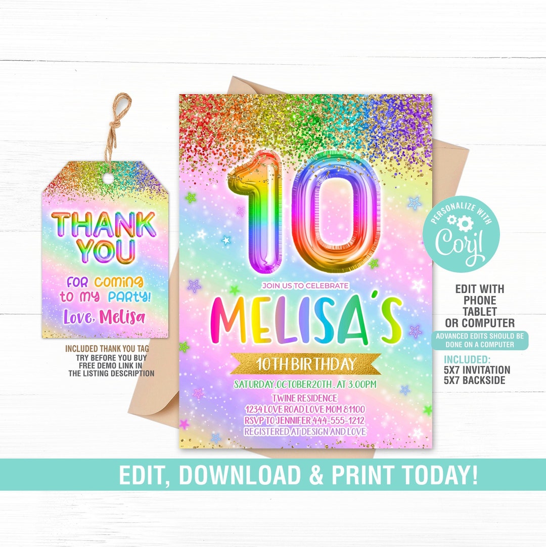10th Birthday Invitation EDITABLE, Rainbow Glitter Birthday Invite ...