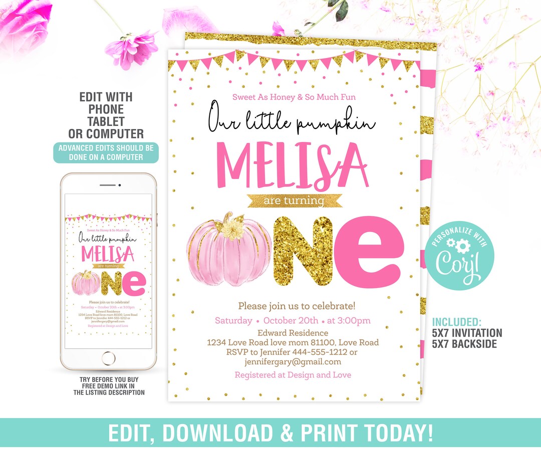 Pumpkin First Birthday Invitation Editableour Little Pumpkin - Etsy