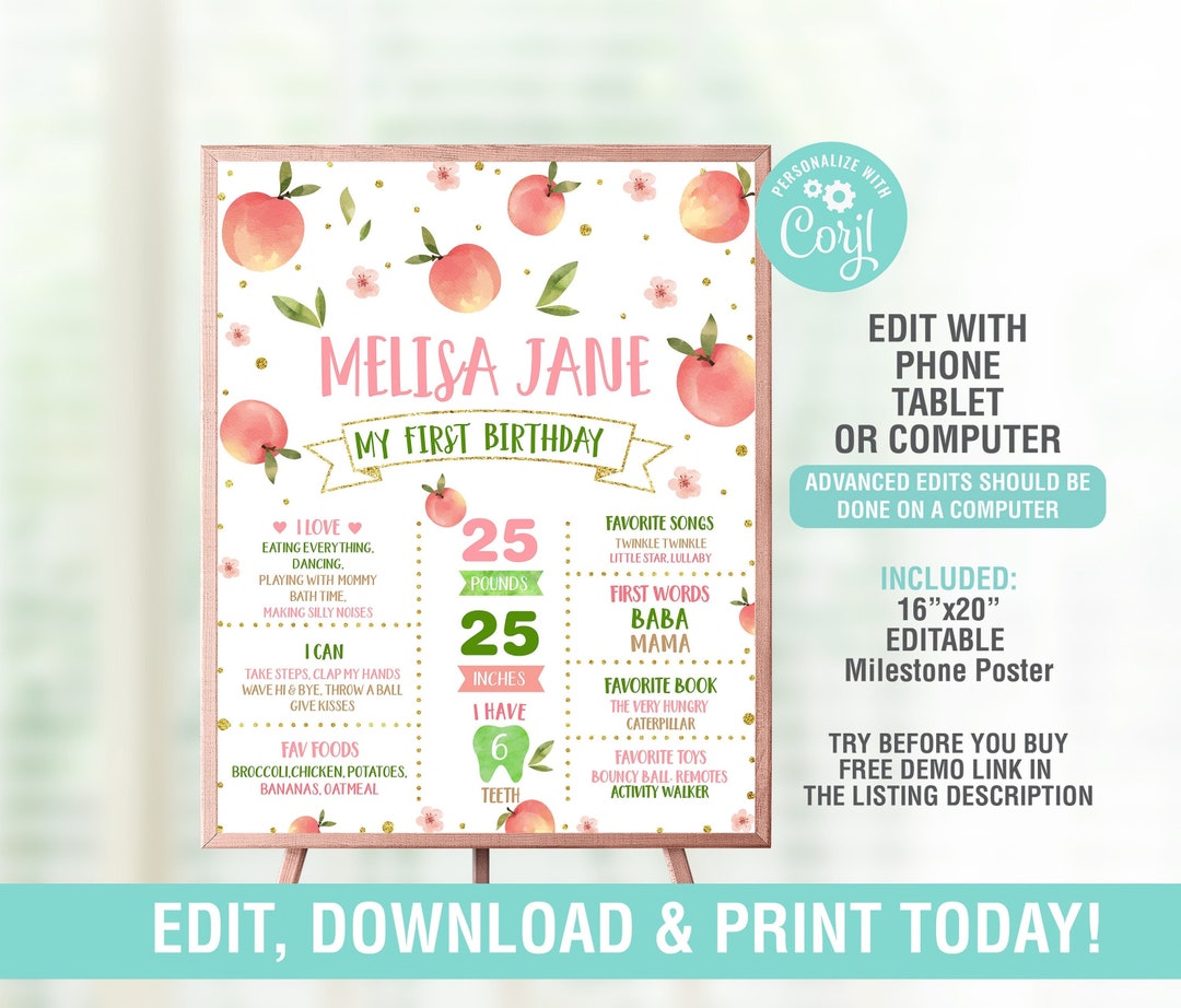 Peach Milestone Birthday Poster Editable, Peach Milestone Board, Peach ...