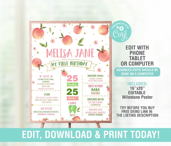 Peach Milestone Birthday Poster Editable, Peach Milestone Board, Peach ...