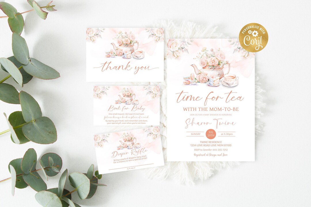 Editable Tea Party Baby Shower Invitation Bundle Template, Tea Time ...