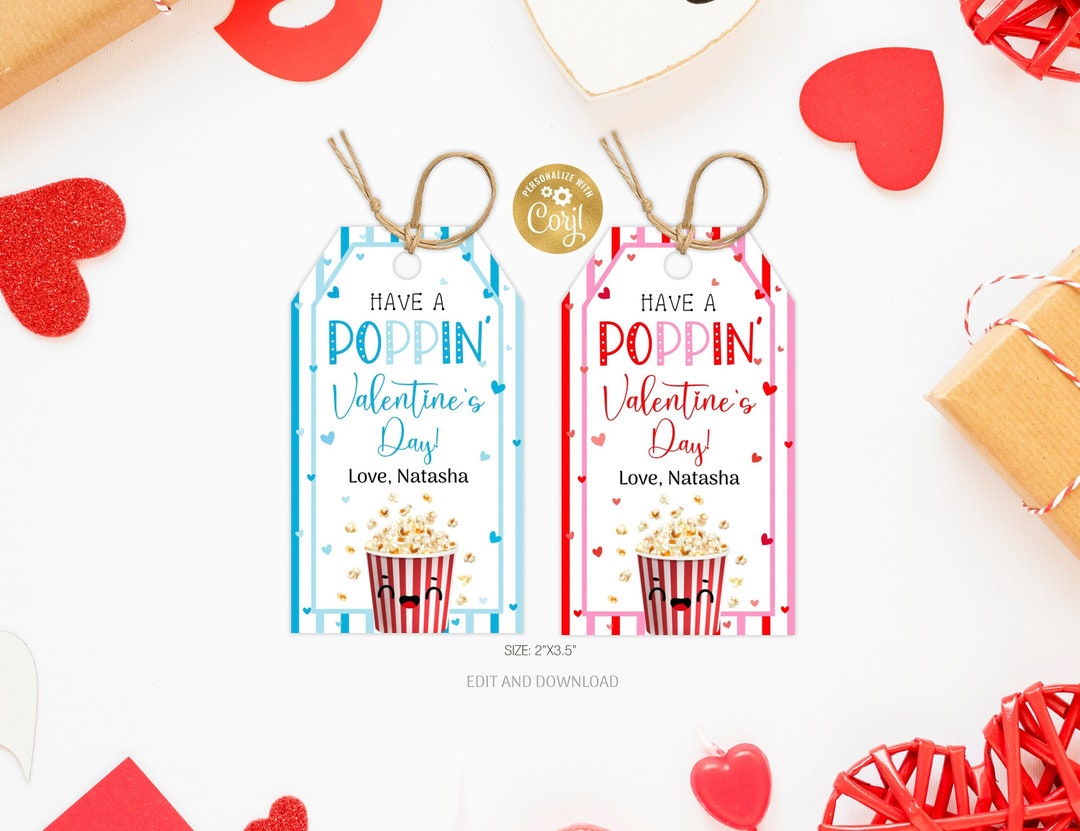 Popcorn Valentine’s Day Tag, Editable Kids School Valentine Label Cards ...