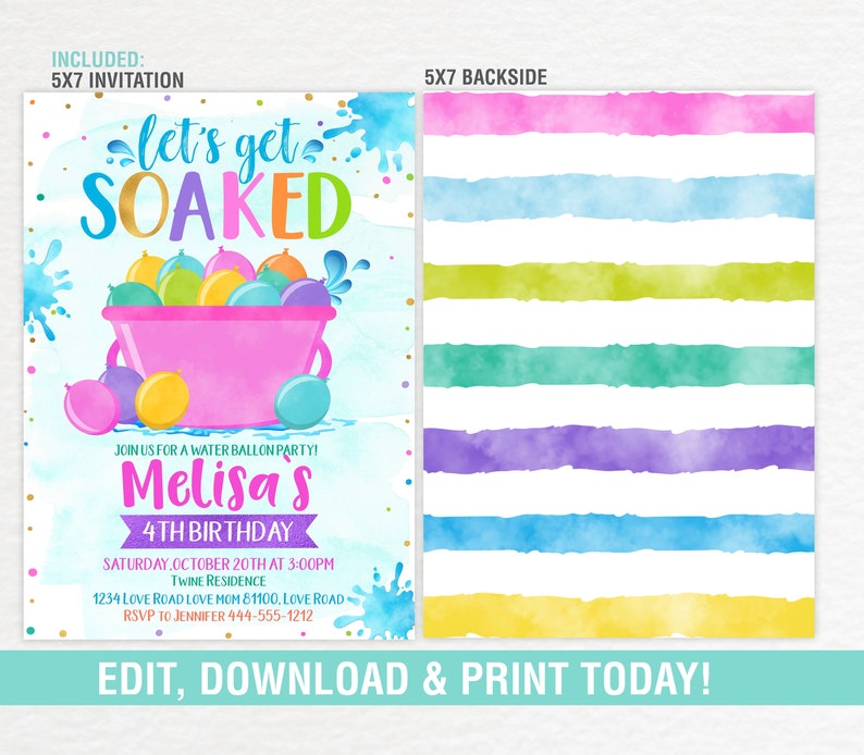 Water Balloon Birthday Invitation EDITABLE Water Splash Party - Etsy