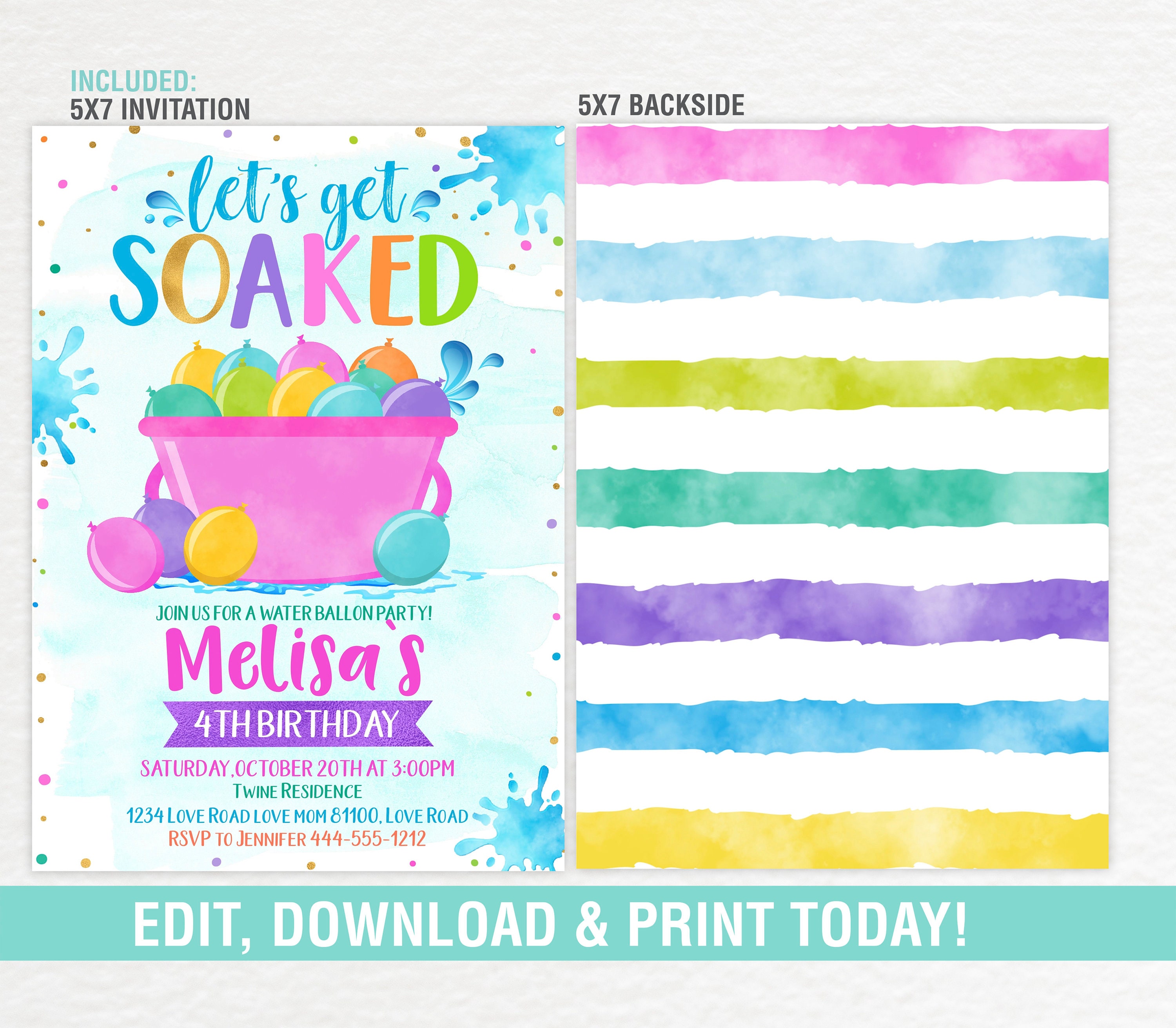 Water Balloon Birthday Invitation EDITABLE, Water Splash Party ...