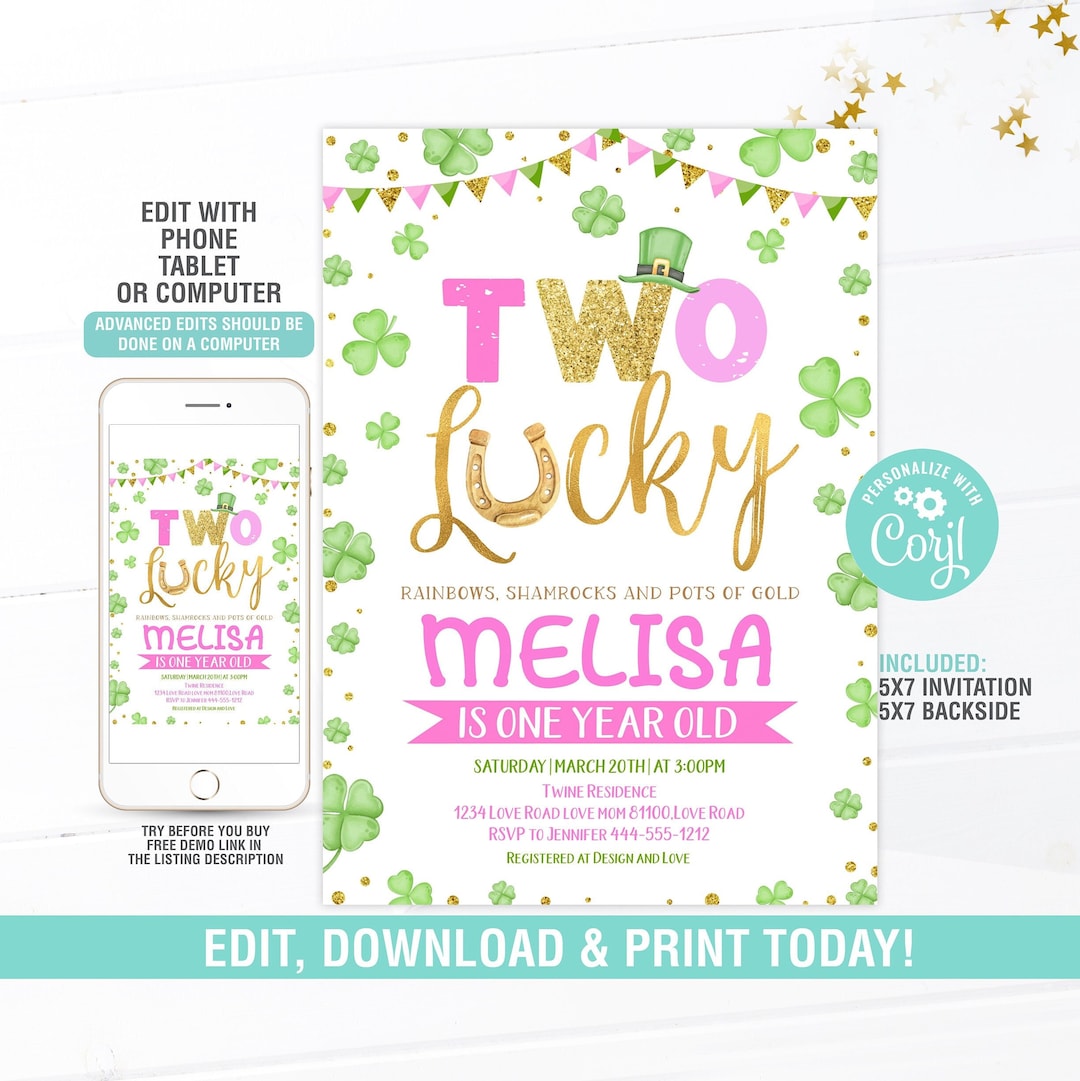 Two Lucky Birthday Invitation EDITABLE, St Patrick Birthday Invite, 2nd ...