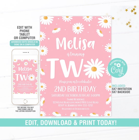 Daisy Birthday Invitation EDITABLE,Our Little Miss Turning Two, 2nd ...