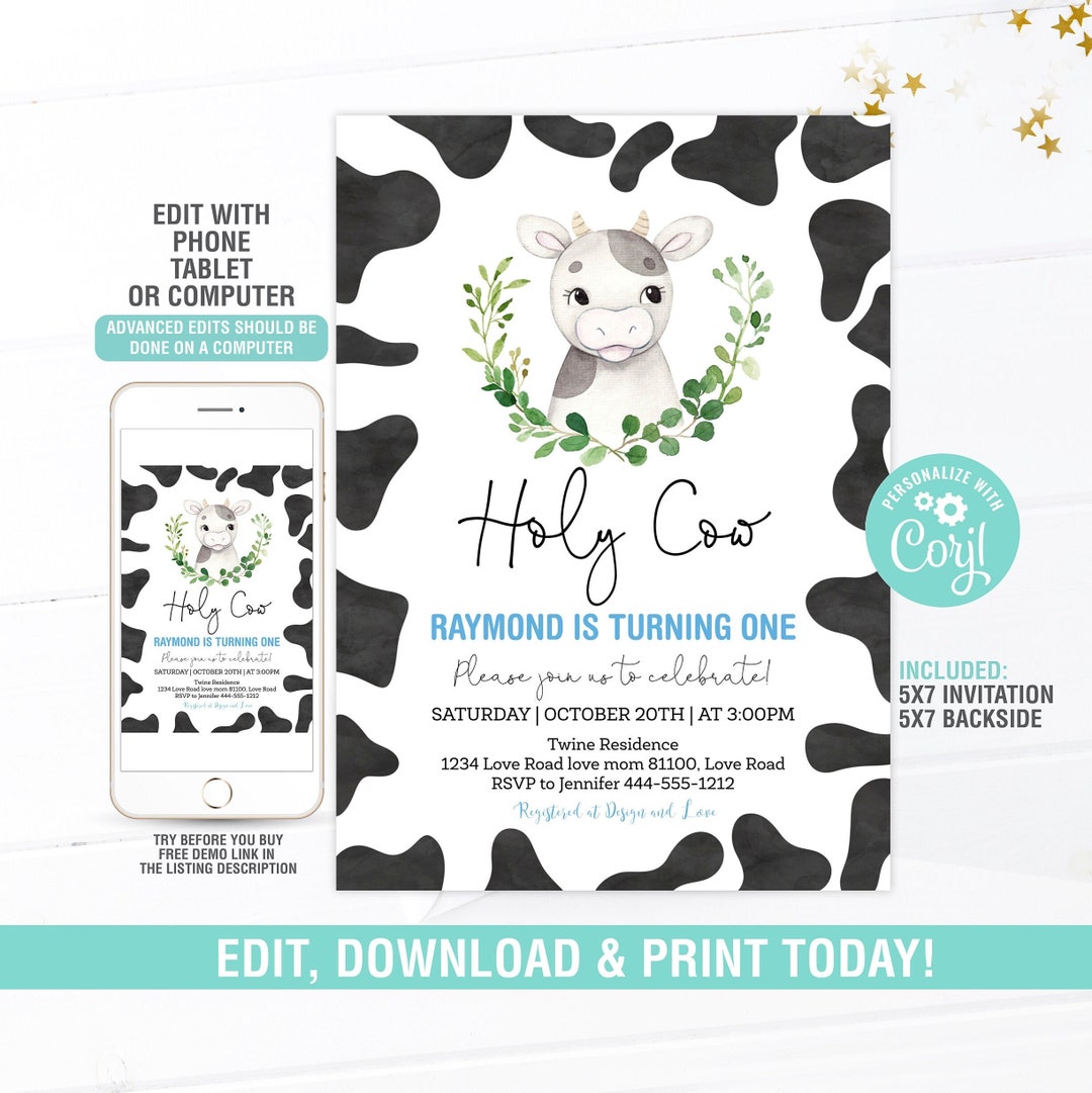 Cow Birthday Invitation, Holy Cow Birthday Invitation, Cow Invite,moo ...