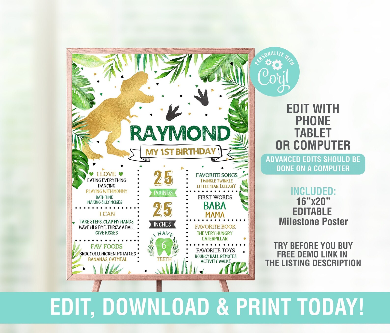 Dinosaur Milestone Birthday Poster EDITABLE Dinosaur First - Etsy