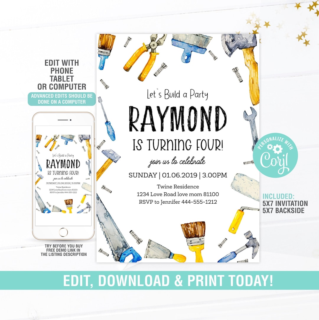 EDITABLE Builder Tools Birthday Invitation, Tools Party Invite, Builder ...