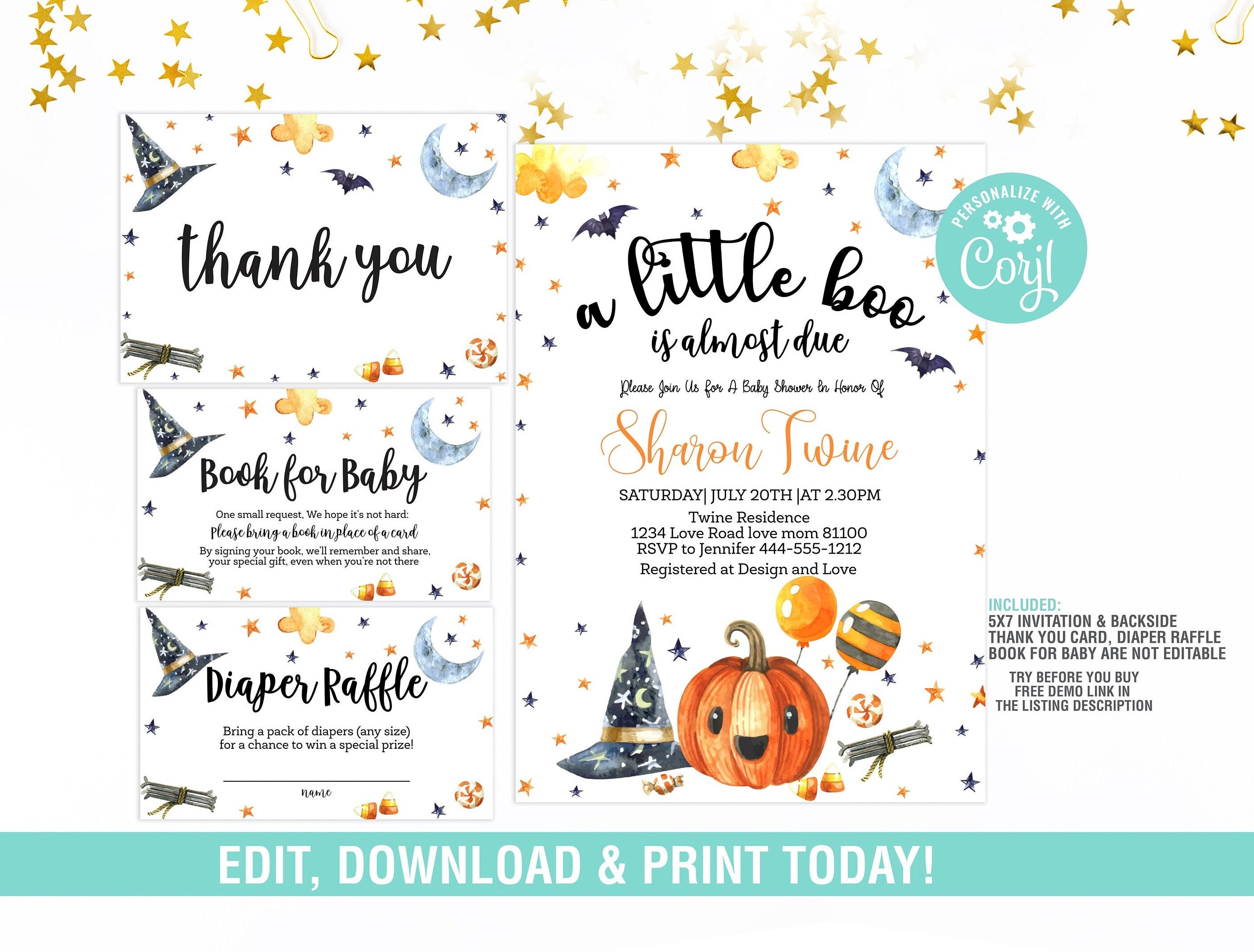 Halloween Baby Shower Invitation Bundle Editablelittle Boo - Etsy