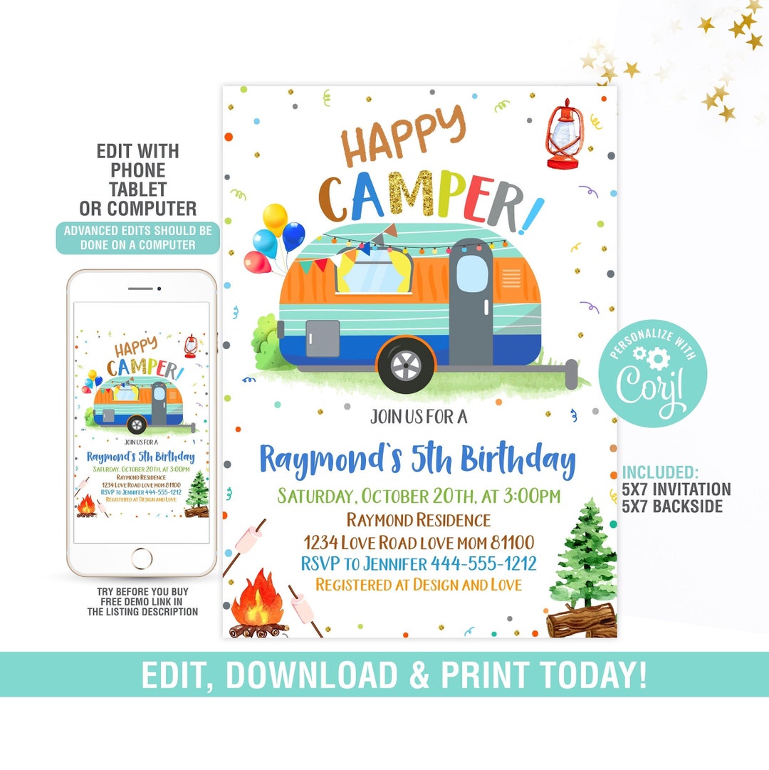 Happy Camper Invitation EDITABLE, Camping Invite, Camping Birthday ...