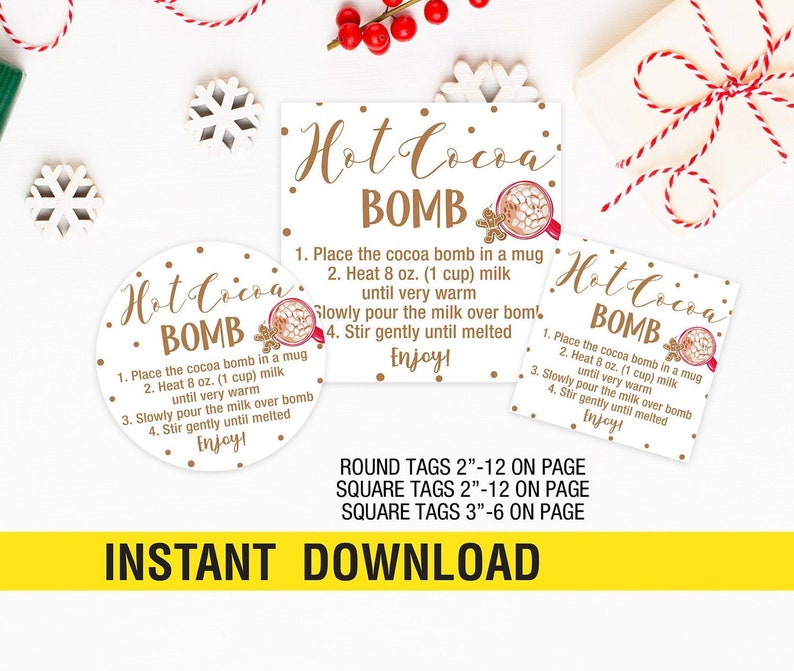 Hot Chocolate Bomb Tag PRINTABLE, Hot Cocoa Bomb Instructions Card ...