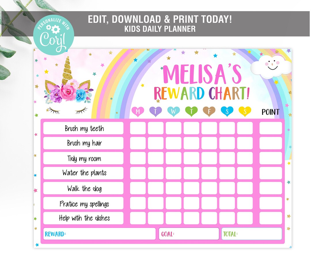 EDITABLE Unicorn Reward Chart,unicorn Chore Chart, Unicorn Behavior ...