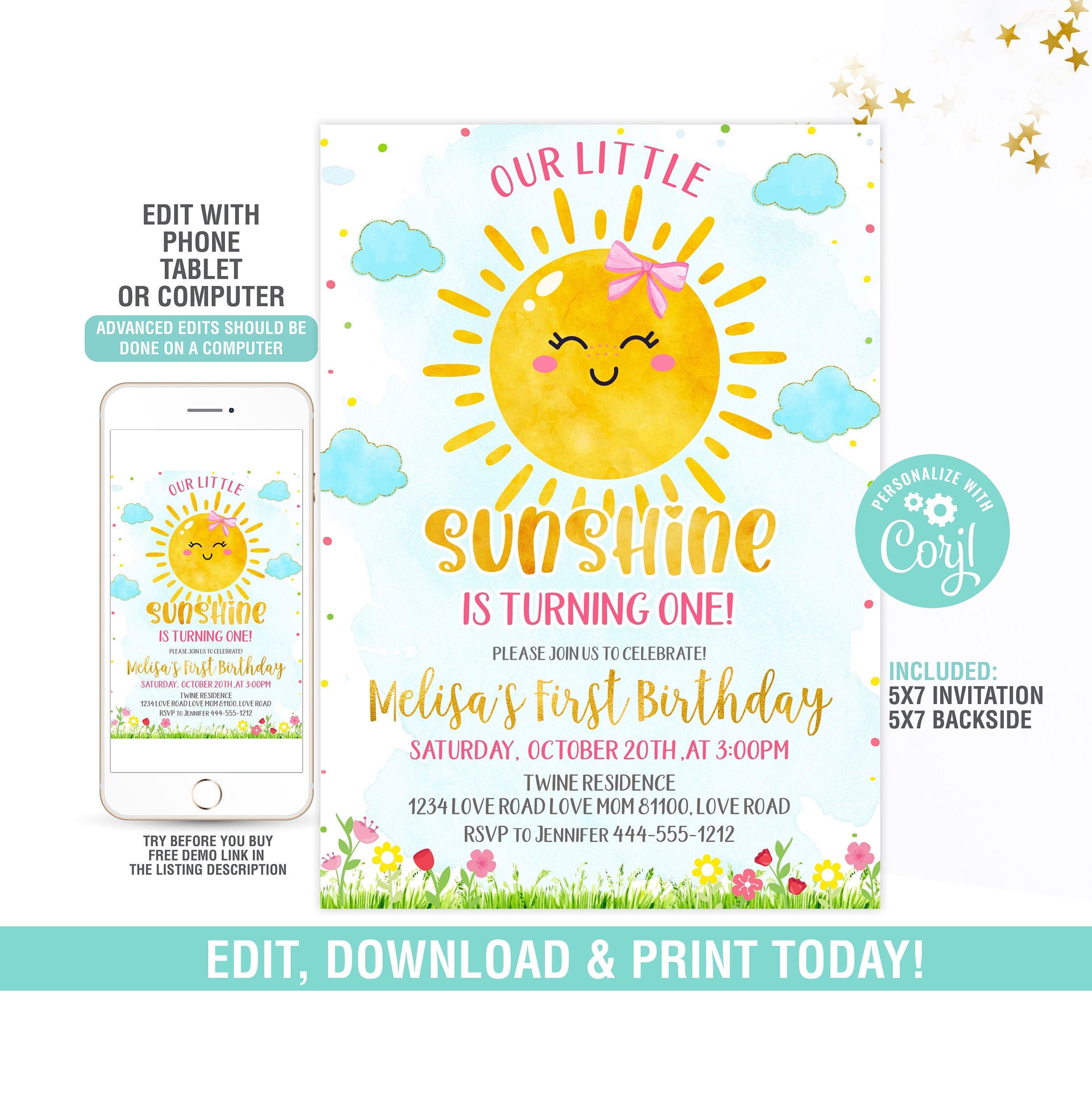 Editable Sunshine Birthday Invitation Template Sunshine First - Etsy