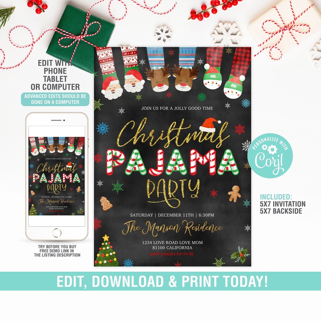 Christmas Pajama Party Invitation EDITABLE, Holiday Christmas Party ...