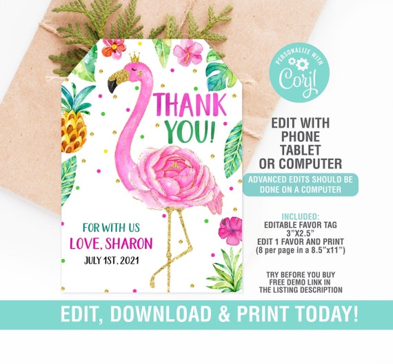 Flamingo Tags EDITABLE Flamingo Gift Tags Flamingo Favor Tag | Etsy