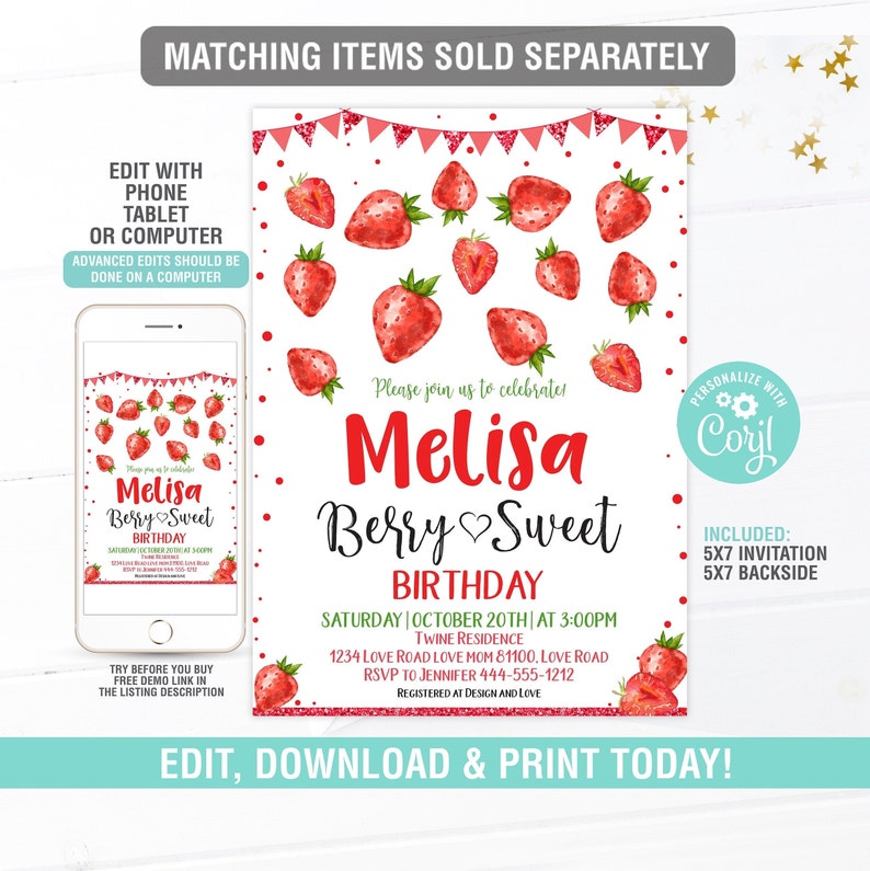 Strawberry Milestone Birthday Poster EDITABLE, Berry Sweet First ...